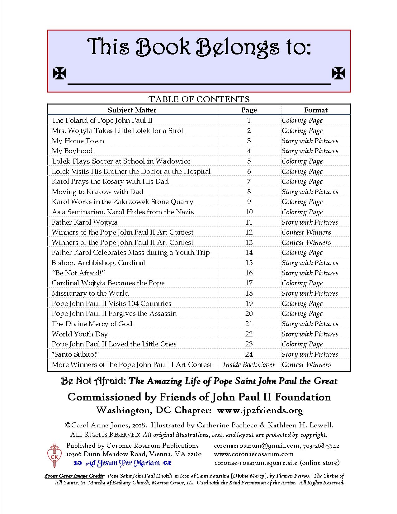 coloring book table of contents